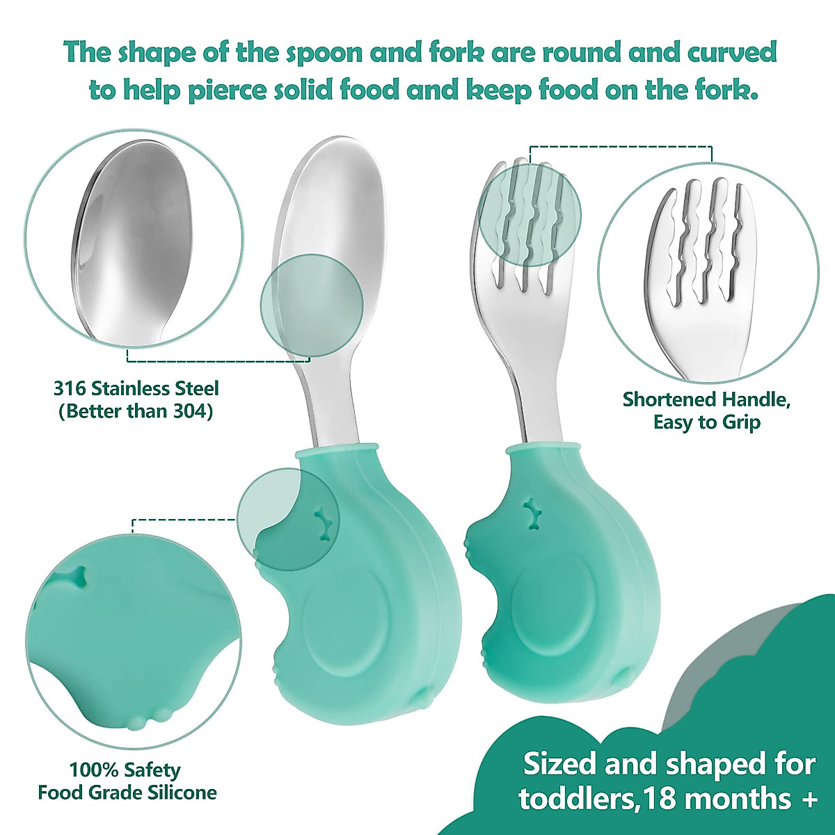 HIWOOD Baby Spoon and Fork Training Set with Travel Case, Toddler Utensils Silverware Set, 316 Stainless Steel and Silicone Flatware set for kids Self Feeding(Cow, Green)