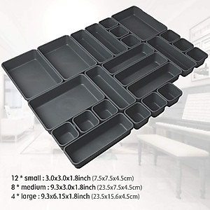 Interlocking Desk Drawer Organizer Tray, 24 PCS Desk Drawer Organizer, Office Drawer Dividers Storage Bins for Kitchen Bathroom Office, 3 Different Sizes, Grey