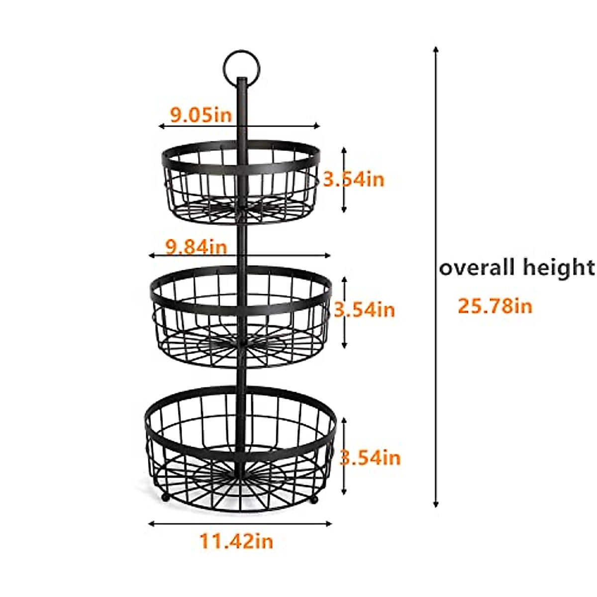 Baoz 3 Tier Fruit Basket For Kitchen Countertop Metal Wire Fruit Bowl Holder Triple Layer Detachable Fruit storage Tray Rack Stand for Storing Veggies Bread Snacks, Black