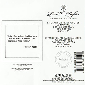 Five Star Napkins Literary Bar Quotes White Cotton Cocktail Napkins, Beverage Napkins, Bar Napkins, Cloth Napkins, Party Napkins, Holidays, Weddings, Birthdays, Disposable, 4.5" x 4.5"- (50x)