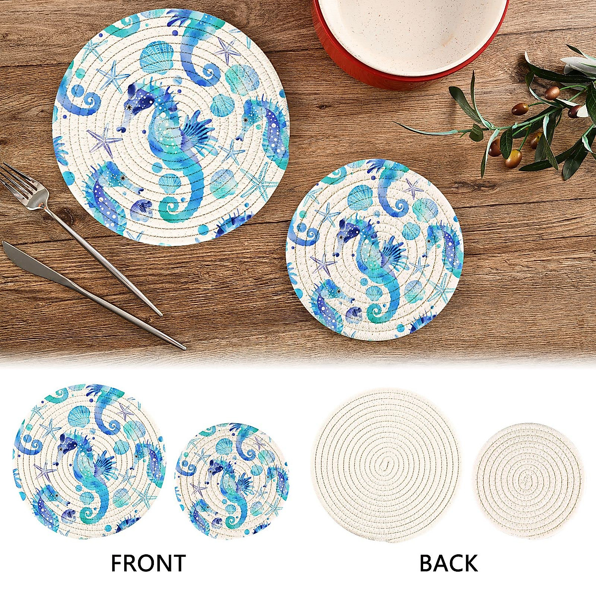 Watercolor Seahorses Pot Holders for Kitchen Cotton Round Holder Set of 2 Heat Resistant School Book Bag School Backpack for Teen