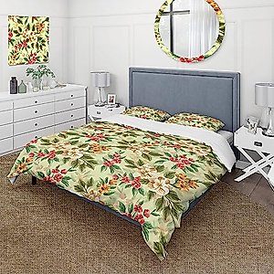 DESIGN ART Designart 'Pink White and Red Flowers and Leaves On Beige Background.' Traditional Duvet Cover Set Full - Queen