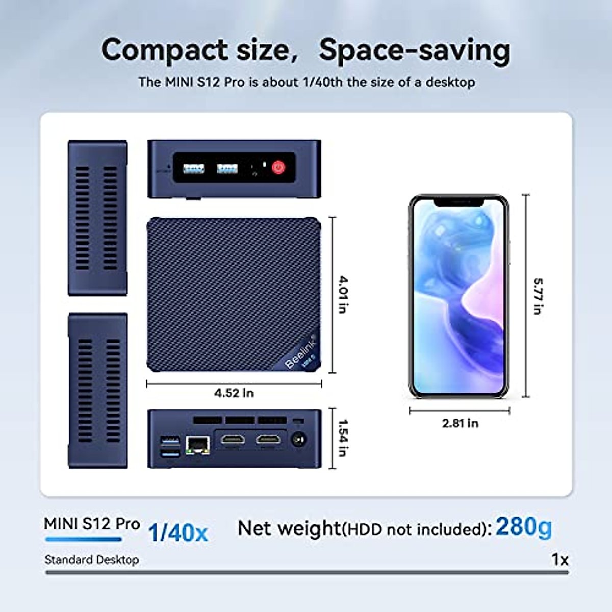 Beelink Mini PC, Mini S12 Pro Intel 12th N100(4C/4T, Up to 3.4GHz), 16GB DDR4 500GB M.2 SSD, Mini Desktop Computer Support 4K@60HZ Dual HDMI Display/WiFi6/BT5.2/USB3.2/1000Mbps/LAN/WOL Micro PC