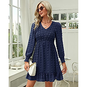 Maggeer Spring Summer Long Sleeve Dress for Women 2024 A Line Swiss Dot Cowgirl Ladies Church Smocked Mini Babydoll Causal Dresses Navy L