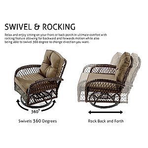 SHA CERLIN 3 Pieces Patio Furniture Set, Outdoor Swivel Glider Rocker, Wicker Patio Bistro Set with Rocking Chair, Cushions and Table (Khaki)