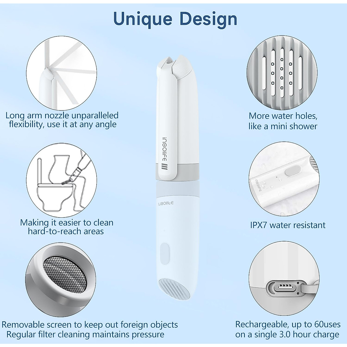 Insolife Portable Bidet|High Pressure Travel Bidet Electric Portable Bidet for Women Men Hygiene Cleaning | Soothing Postpartum Care | Hemorrhoid Perineal Care| Travel Bidet Portable