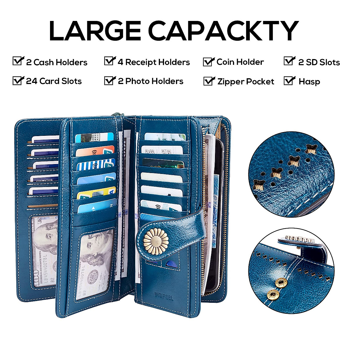 INSIFEEL Small Wallet for Women Leather Bifold Compact RFID Blocking Ladies Purse big (Navy)