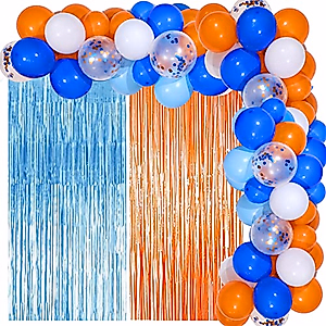 Blue and Orange Party Decoration 63 Pcs Orange and Blue Balloons Garland 2 Pcs Orange Light Blue Foil Fringe Curtain Confetti Balloons for Birthday Party Baby Shower Wedding Anniversary Graduation