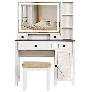 ANWBROAD Makeup Vanity Desk with Mirror and Lights Farmhouse Vanity Desk with Charging Station 3 Color Dimming Lights Storage Cabinet Cushioned Stool Vanity Table Set for Bedroom Antique White UBDT61W