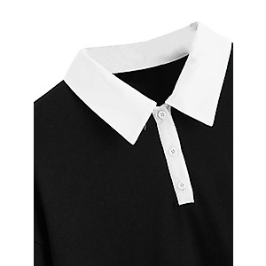 Verdusa Women's Button Front Polo Collar Drop Shoulder Pullover Top Sweatshirt Black S