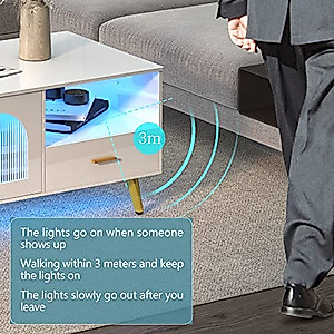 LVSOMT 42.5'' Coffee Table with 3 Colors Lighting, High Glossy Modern Accent Furniture with Storage, Contemporary Rectangle Table for Living Room（Glossy White