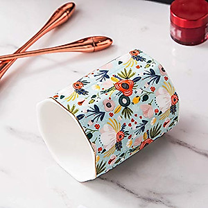 Jwest Pen Holder, Makeup Brush Holder Ceramic Shiny Gold Floral Pattern Pencil Cup for Girls Kids Women Durable Stand Desk Organizer Storage Gift for Office, Classroom, Home Mint Flowers
