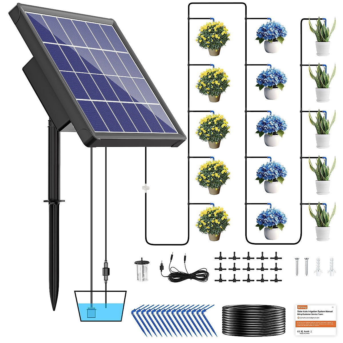 NFESOLAR Solar Drip Irrigation System Outdoor with 2200mAh Battery Backup, 6 Timing Modes, Supported 15 Pots Plants, Solar Watering System for Garden Green House