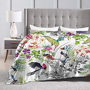 Throw Blanket 30x40 Inch,Green Leaves Flowers Colorful Birds Flannel Soft Cozy Fluffy Throw Blankets and Warm Throws for Adults in Couch Sofa Bed 40x30 Inch