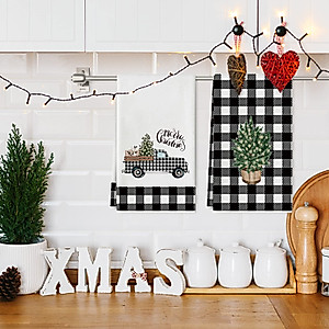 AnyDesign Merry Christmas Kitchen Towel White Black Buffalo Plaids Dish Towel Rustic Xmas Tree Truck Tea Towel Farmhouse Hand Drying Towel for Cooking Baking, 18 x 28, 2 Pack