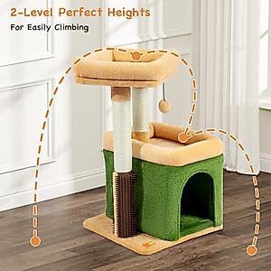 Innsfurr Small Cat Tree for Indoor Cats, Cat Scratching Post with Cat Condo Cat Tower for Multiple Cats, Plush Cozy Perch | Cat Massage Brush | Activity Hanging Pompoms for Kittens, Green