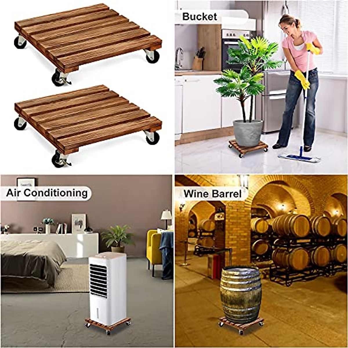 KarNeey 2 Pack Plant Caddy Wooden Plant Stand with Wheels 12 Inch Square Plant Roller with Metal Lockable Caster Wheels Heavy Duty Rolling Plant Stand Outdoor/Indoor Plant Dolly on Patio/Flower Pot