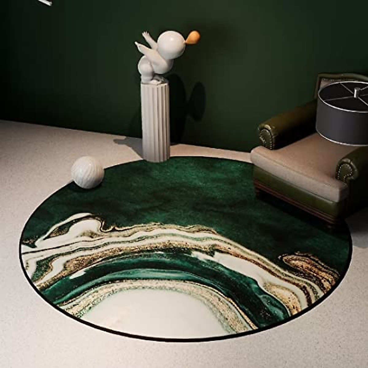 Round Area Rug Pad 4ft Emerald Green Round Marble Throw Rug for Bedroom Living Room Washable Non-Slip Floor Mats Modern Home Decor Circle Carpets