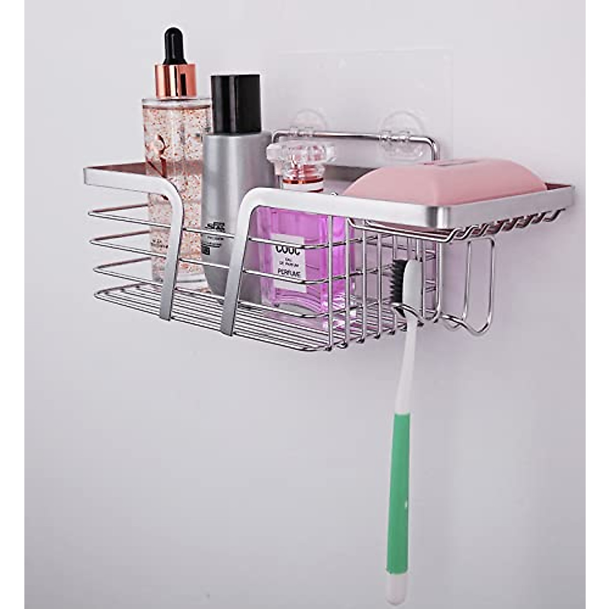 BA-BOLING 1-Pack Single Man/Woman Small Bathroom Shower Caddy Storage Rack with Soap Holder & Hooks, Hanging Adhesive, Tear & Paste, 304 Stainless Steel, Silver