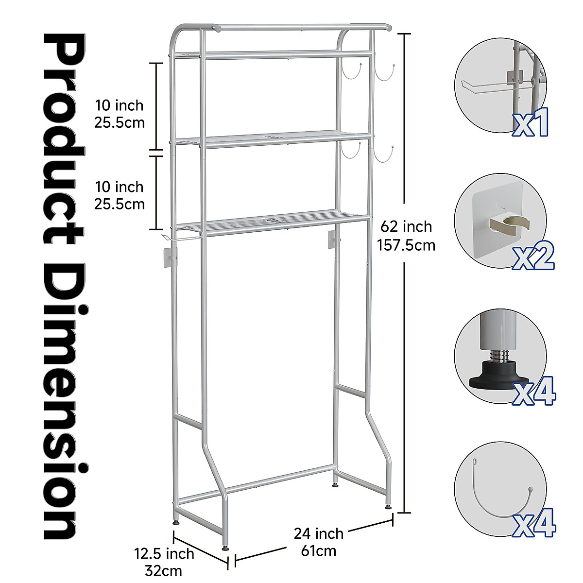 RightTech Over The Toilet Storage Rack with Toilet Paper Holder, Heavy Duty Metal 3 Tier Wall linkable Bathroom Organizer Shelf with 4 Hooks, White
