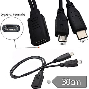 Traovien USB C Splitter Cable, USB Type C Female to Male and Micro USB Male Y Splitter Extension Charge Cable (0.3m/12inch 1Pcs)