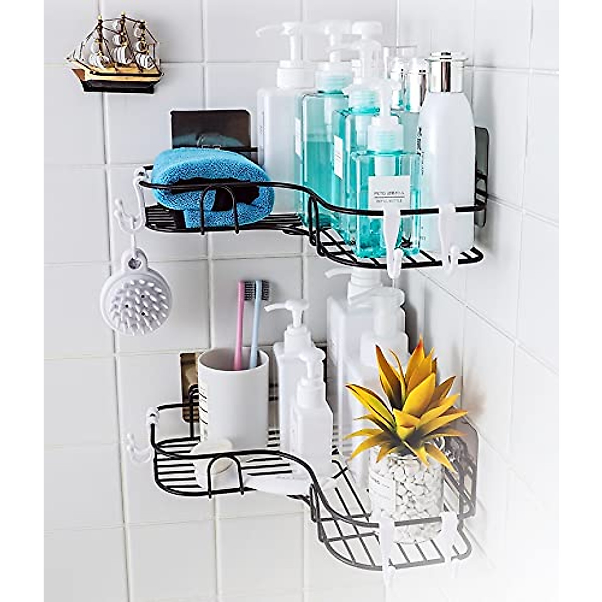 NC Corner Shower Caddy Shelf,Bathroom Organizer,Wall Mounted Bathroom Shelf with Adhesive,Storage Organizer for Toilet, Dorm and Kitchen Black