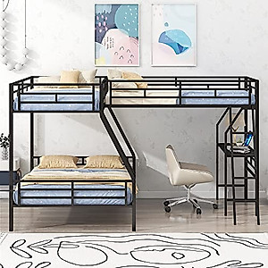 TARTOP Metal L-Shaped Bunk Bed with a Loft Attached, Triple Bedframe with Desk, Guardrails, and Ladders, Twin Over Full, Black