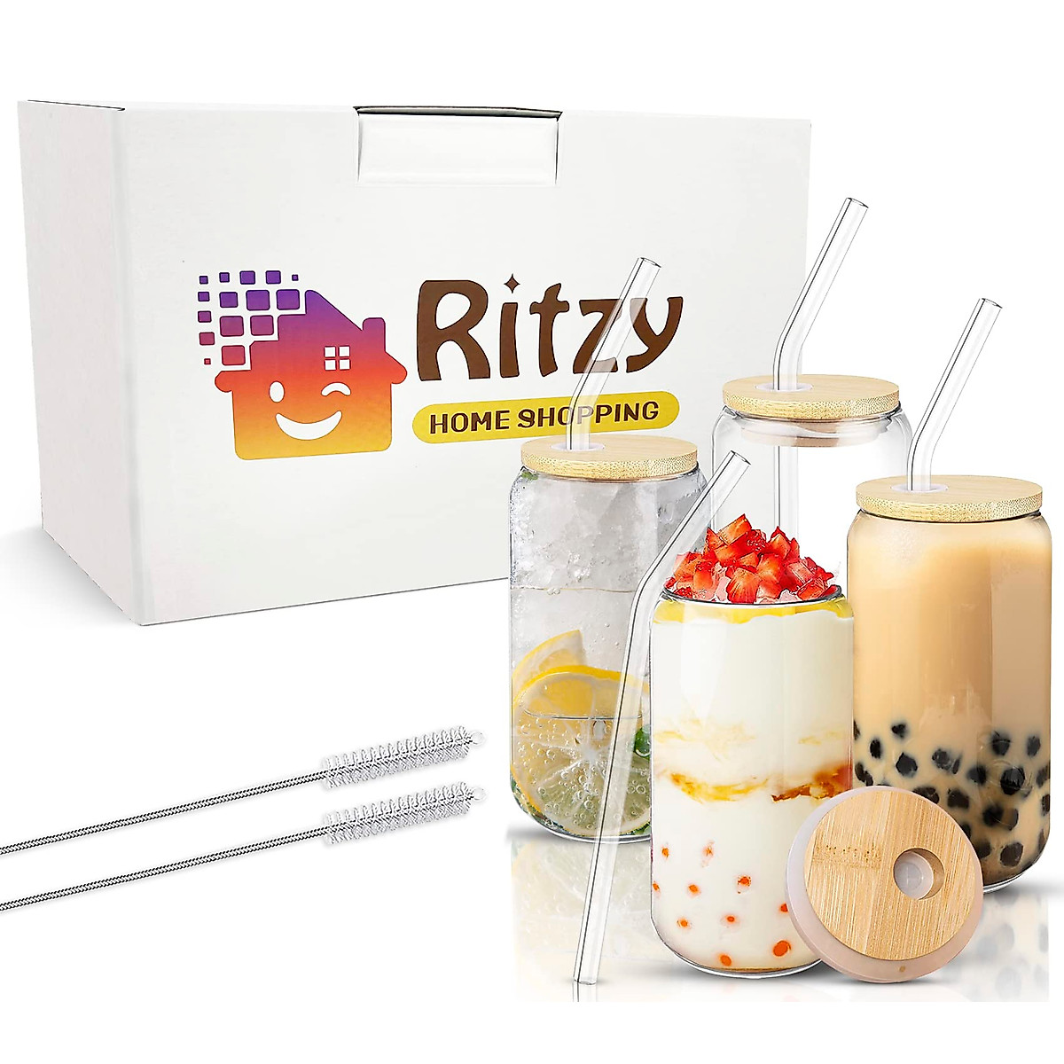 Ritzy Home Shopping - Aesthetic Set of 4-16 Oz Tumbler Glasses with Bamboo Lids and Glass Straws - Clear Drinking Glass Design for Iced Coffee, Tea, Cocktail, latte or Beer.