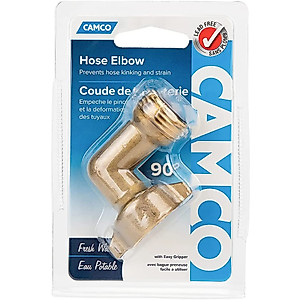 Camco 90-Degree Hose Elbow For RVs - Solid Brass Construction- Certified Lead-Free - Features Convenient Easy Grip Connector - For RV Water Hoses, Residential Outdoor Faucets, & More - 1-Pack (22505)