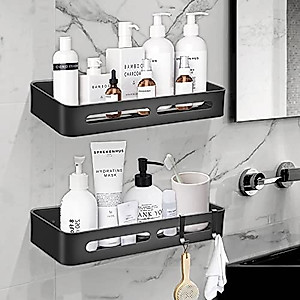 Caddy Shower Set of 2 Adhesive No Drilling Shower Shelves , Rustproof Titanium Alloy Shower Racks, Bathroom Shower Storage Shelves Organizer for Inside Shower & Kitchen with 4 Hooks(Black)