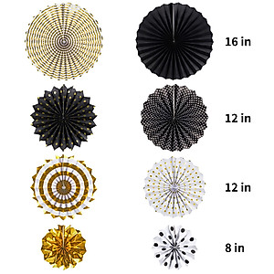 Easy Joy Gold Black New Year Party Decorations Classroom Decoration Hanging Paper Fans Party for New Years Eve Halloween Graduation Birthday Home Office