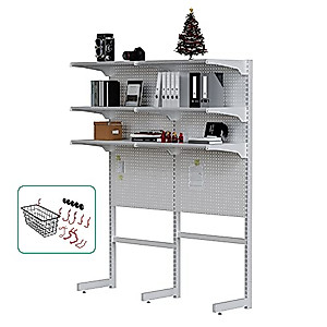 JWX Standing Shelf Unit, White Home Office Garage cabinets with Metal Pegboard and 15 Pieces Organizer Tool Holders