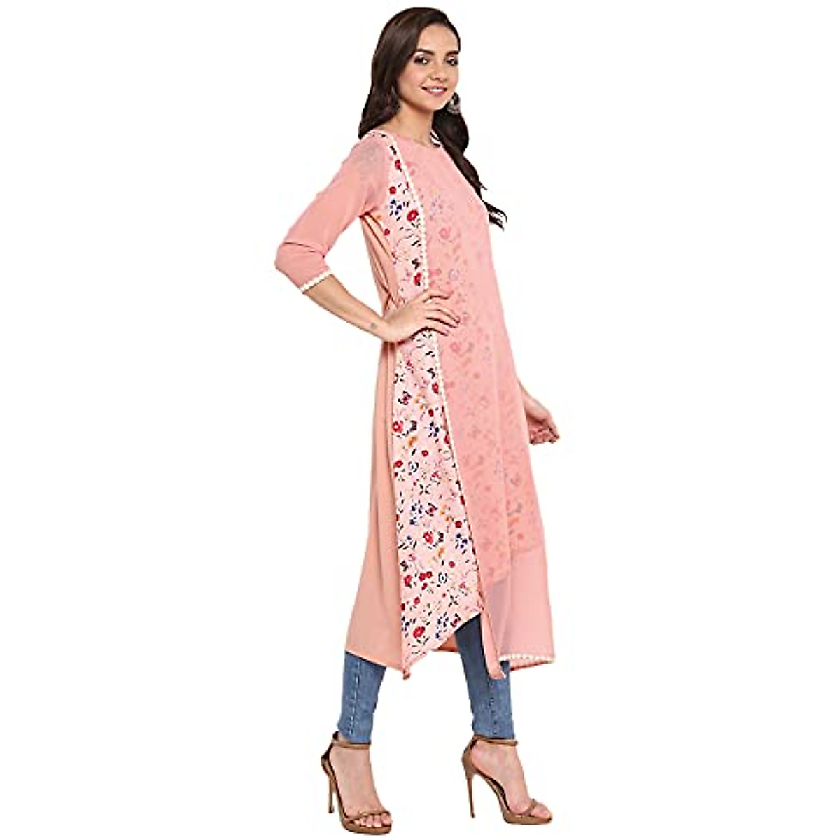 Janasya Indian Women's Tunic Tops Crepe Kurti for Women(JNE3252-KR-S) Pink