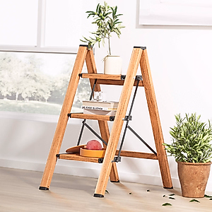 SOLADDER 3 Step Ladder Anti-Slip Foldable Step Stool Aluminum Lightweight with Wide Pedal for Home and Kitchen Space Saving - Woodgrain (330 lbs)