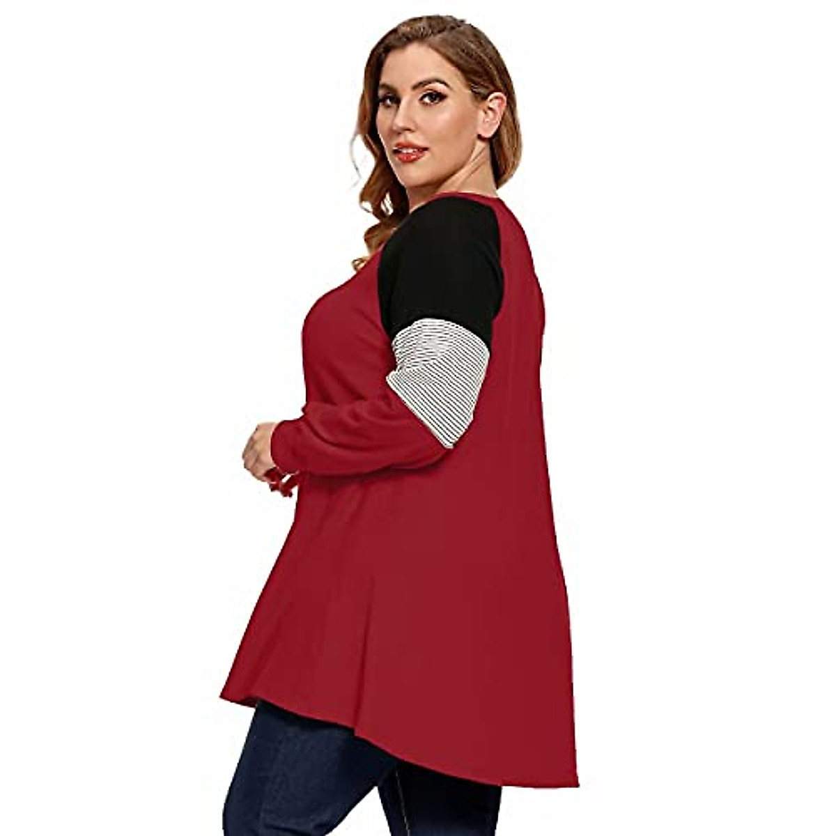 LARACE Plus Size Tops Women Pullover Sweatshirt Color Block Tee Long Sleeve Tunic Striped Raglan Shirt(Wine Red 4X)