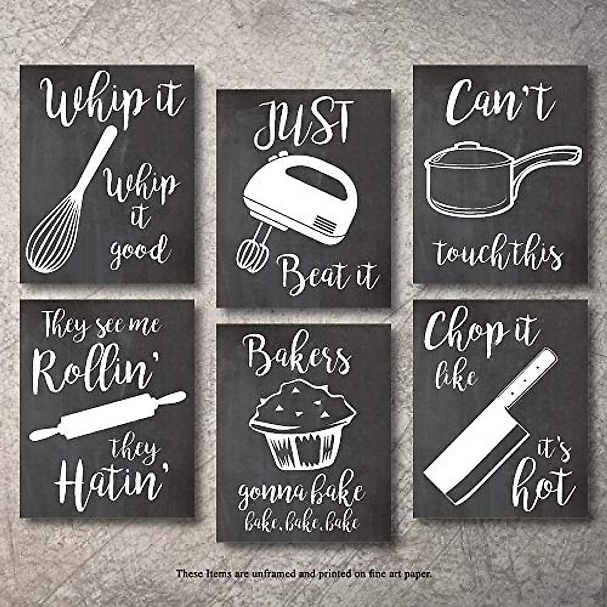 Home Decor Funny Gift 6 Kitchen Wall Art Prints Kitchenware with Sayings Unframed Farmhouse Home Office organization Signs Bar Accessories Decorations sets white house Deco Kitchen Decor (5"x7")
