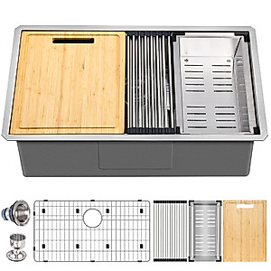 Hykolity 33-inch Undermount Workstation Kitchen Sink, 16 Gauge Single Bowl Stainless Steel Kitchen Sink with Integrated Ledge and Accessories