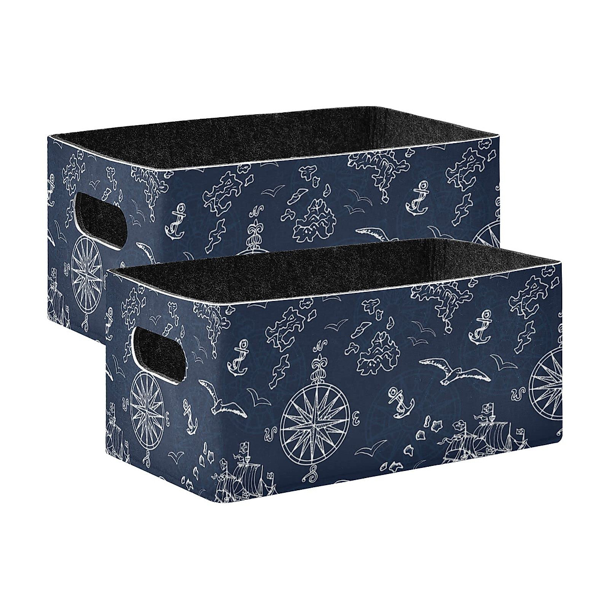 Marine Nautical Ships Compass Storage Basket Bins Set (2pcs) Felt Collapsible Storage Bins with Fabric Rectangle Baskets for Organizing for Laundry Room Organization