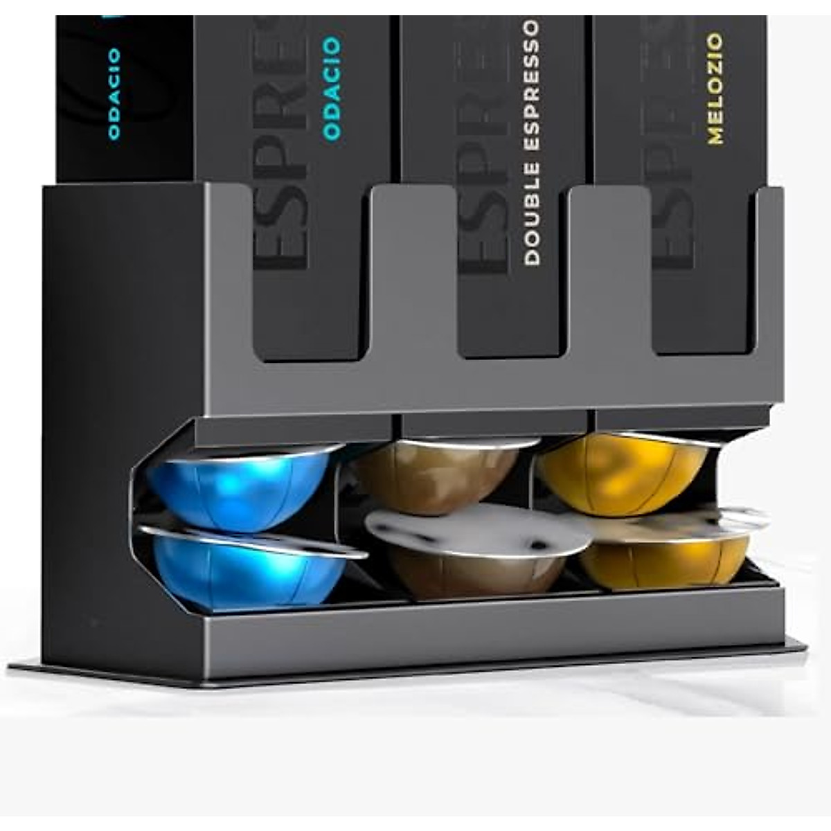 GALVANOX Pod Dispenser Designed for Nespresso Vertuo Capsules (3 Box Sleeve Holder) Freestanding Countertop Organizer Stand, Non-Slip Steel Base, Dispenses 3 Coffee Flavors (30 Vertuoline Pods)