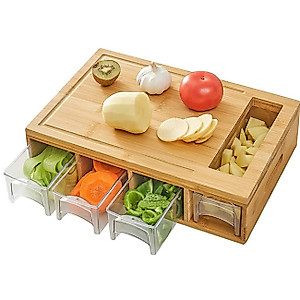 OLOZIQ Bamboo Cutting Board with Trays and Lids Storage Containers – Multifunction Easy Chopping Meal Prep Station with Juice Grooves – 4 Multi-Functional Graters Included with Food Sliding Opening