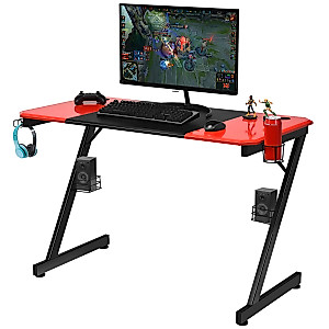 Tangkula Gaming Desk, Z-Shaped Computer Desk Professional Gamer Workstation with PVC Blow Molding Textured Surface, Gamer Table Desk w/Cup Holder, Headphone Hook & Audio Stands