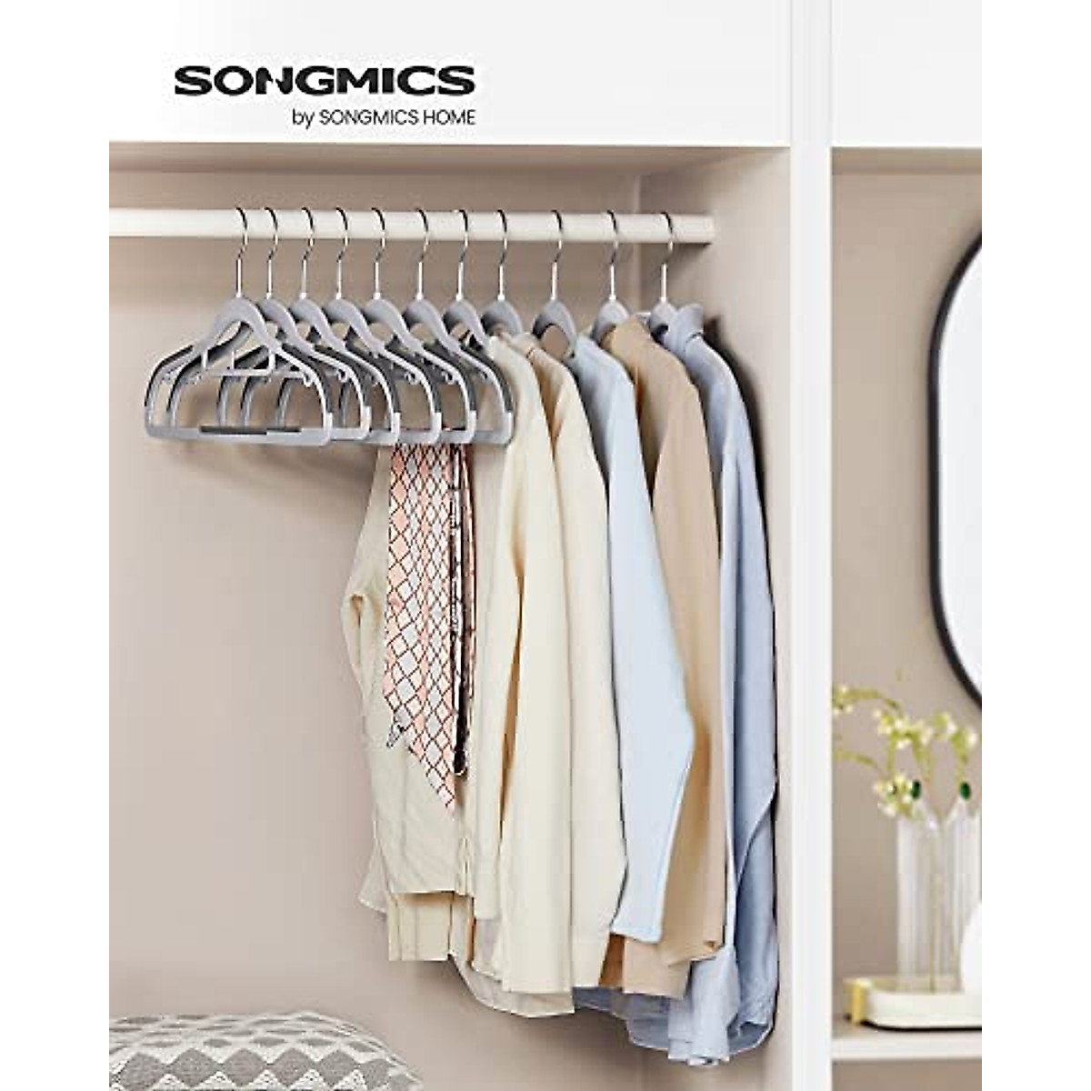 SONGMICS Pack of 50 Coat Hangers, Heavy-Duty Plastic Hangers with Non-Slip Design, Space-Saving Clothes Hangers, 16.5 Inches Wide, 360° Swivel Hook, Gray and Silver UCRP20G50