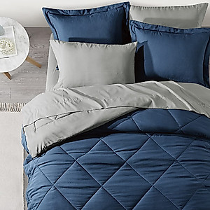 Queen Comforter Set 7 Pieces Bed in a Bag, Full/Queen Reversible Bed Set with Comforter, Flat Sheet, Fitted Sheet, Pillowcases & Shams, Navy Blue and Grey Bedding Sets for Queen Size Bed