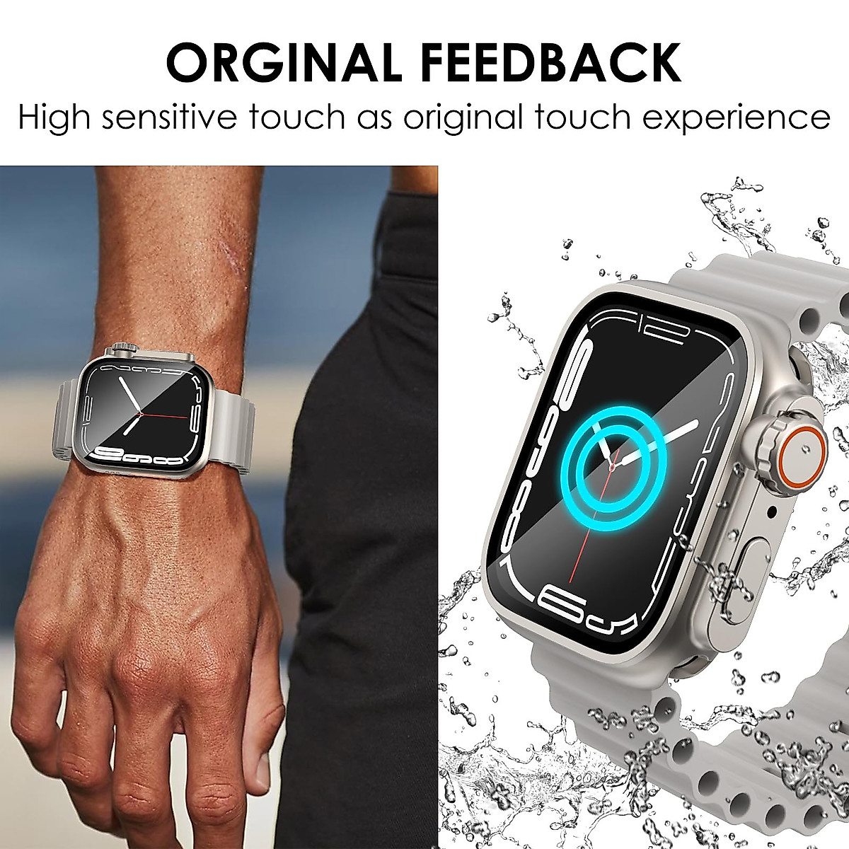 Fullife - Ultra Look - 2 in 1 Compatible with Waterproof Apple Watch Case 44mm Series 6 5 4 SE with Tempered Glass Screen Protector, iWatch 360 Protective Hard PC Bumper for Men Women, 44mm Titanium