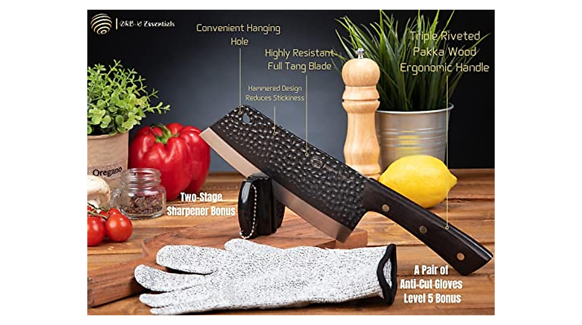 Meat Cleaver Gift Set with Sharpener & Anti-Cut Gloves – Kitchen Safety ...