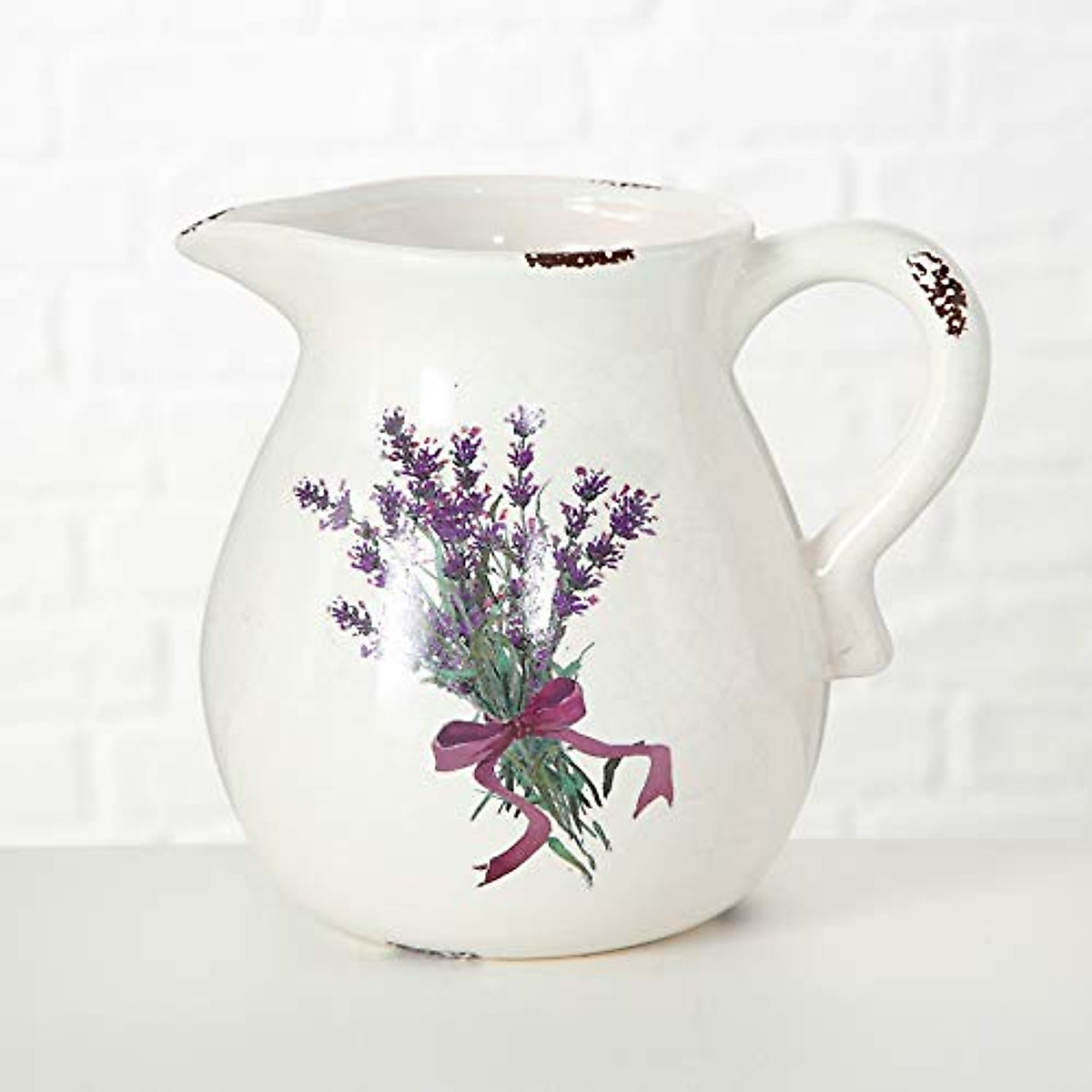 French Country Lavender Pitcher, Cottage Edition, Distressed Vintage Style, Rustic White, Worn Exposed Patches, 7 Inches Tall, Stoneware