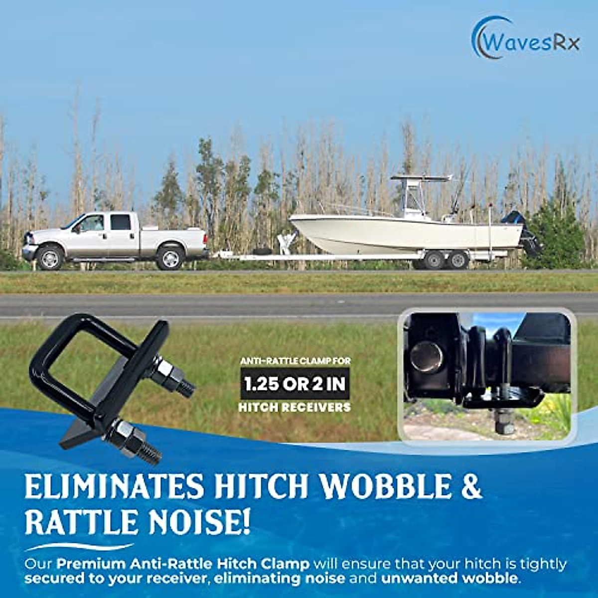 WavesRx Boat Trailer Hitch Tightener & Stabilizer | Stainless Steel Anti-Rattle Clamp for 2" Hitch Receivers | Marine Grade, Rust-Free, Long-Lasting U-Bolt for Safe Transportation of Your Watercraft
