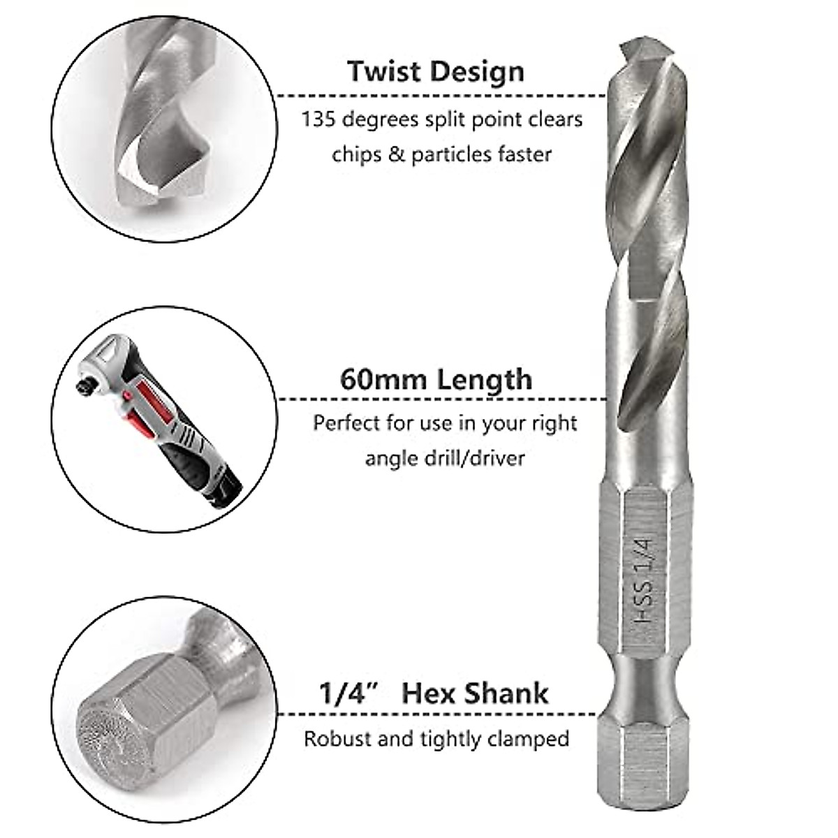 Saipe 5pcs 1/4" Quick Change Hex Shank Metal Stubby Drill Bits Short Drill Bit Set HSS M2 for Right-Angle Drill Attachment and Used in Tight Spaces, 3/32, 1/8, 3/16, 1/4, 5/16-Inch