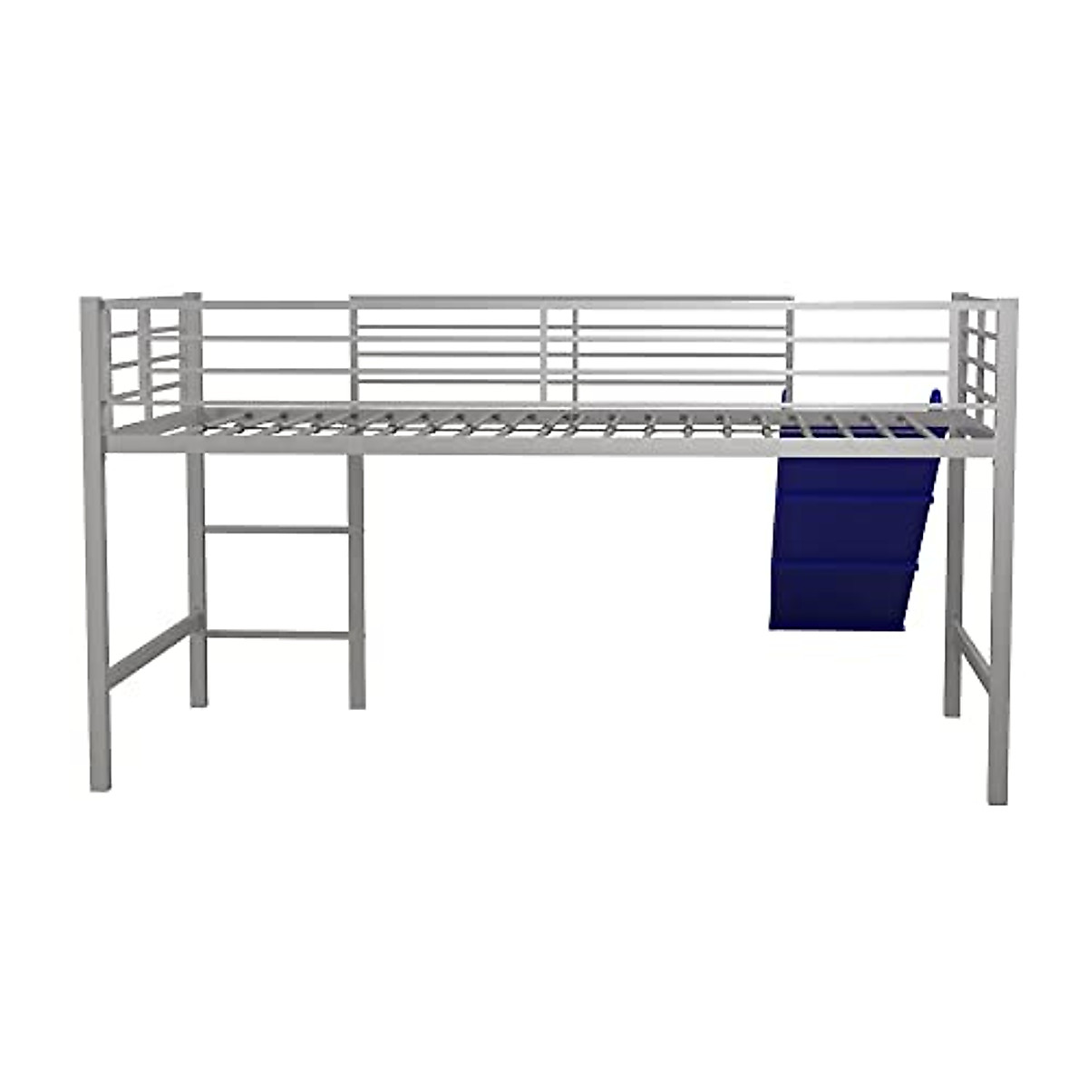 DHP Junior Twin Metal Loft Bed with Slide, Multifunctional Design, Silver with Blue Slide
