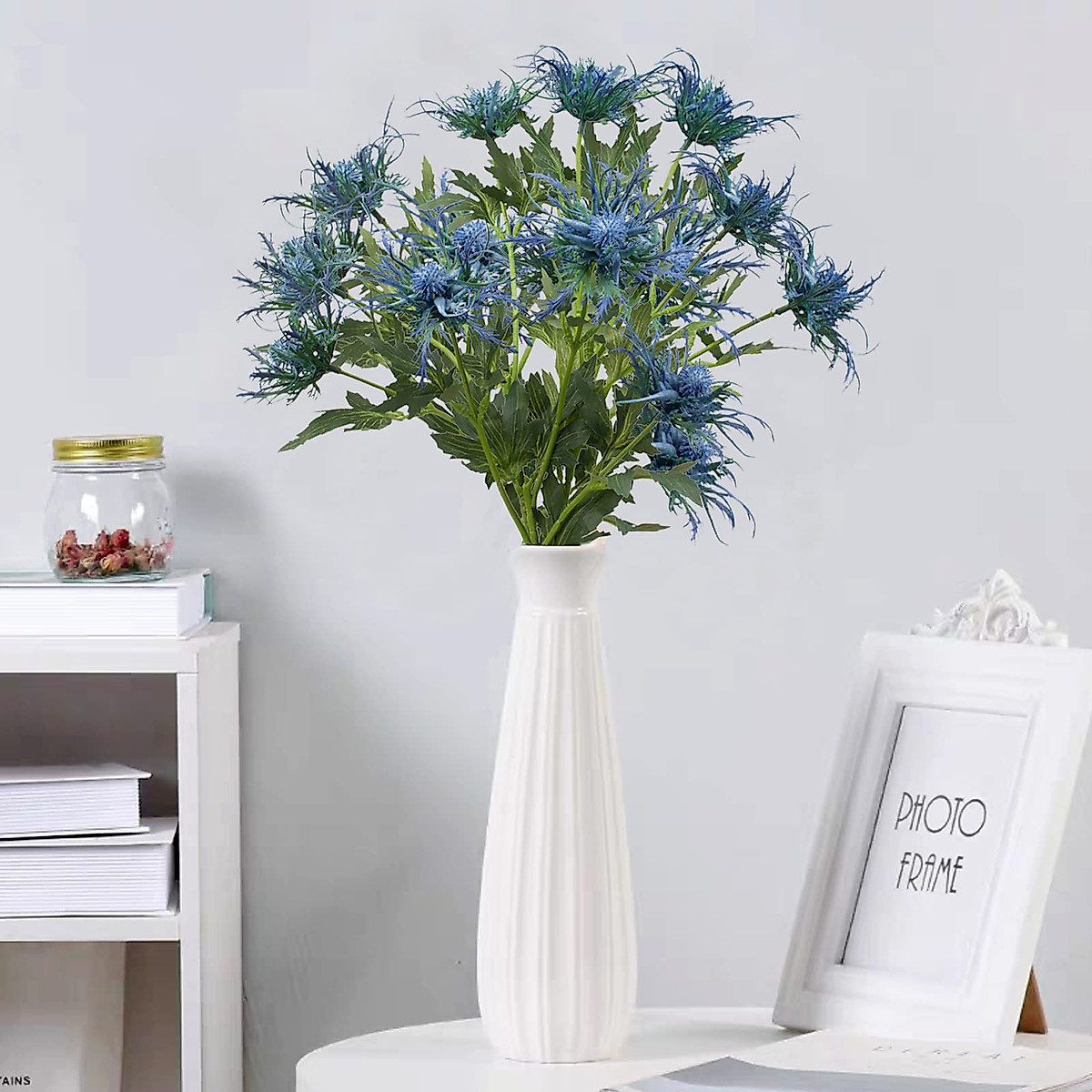 LUZOGA 3 Branch Blue Artificial Thistle Flower Bouquet for Home Wedding Centerpiece Kitchen Office Garden Decor